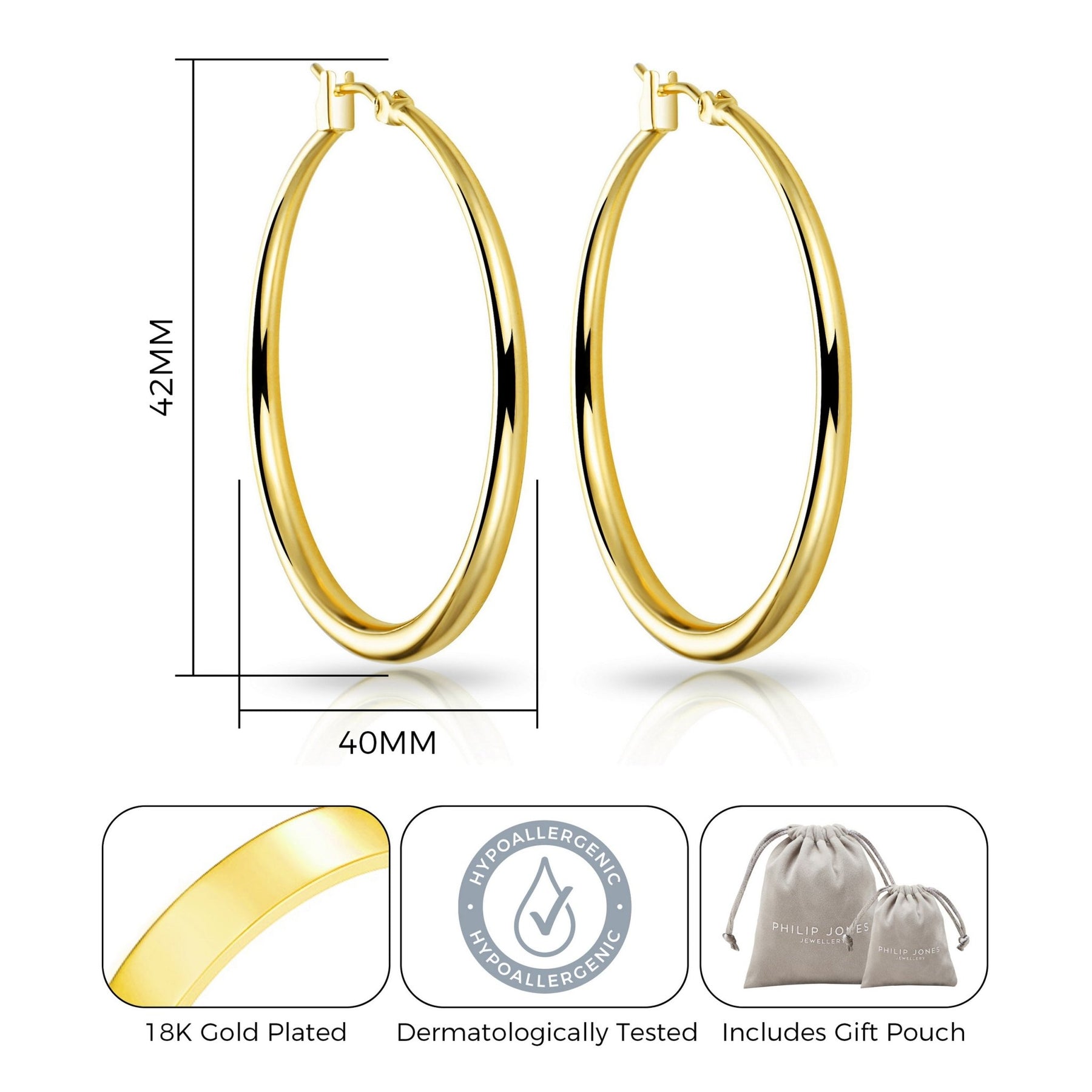18k Gold Plated 40mm Hoop Earrings – Philip Jones Jewellery